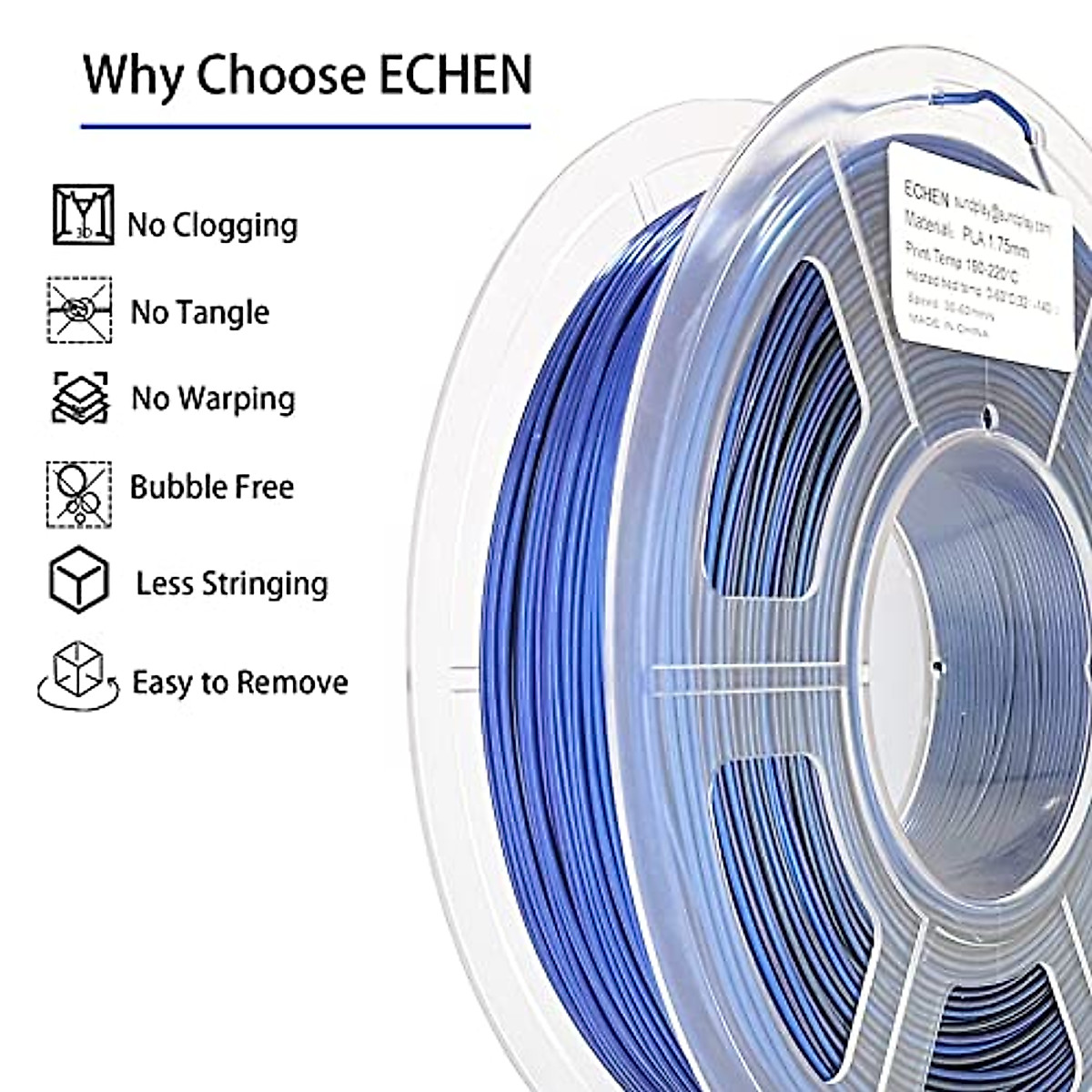 ECHEN PLA Filament 1.75mm, 3D Printer Filament Silk Black Purple Blue Filament, 3D Printing Filament 1kg/2.2lbs