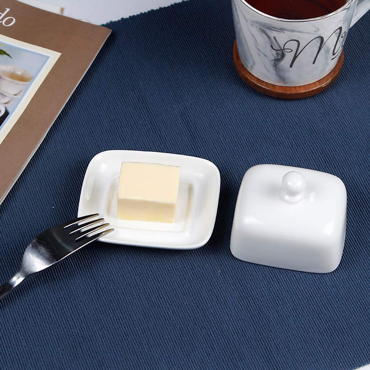 NAGU Small Rectangle Butter Dish with Lid, White Procelain Domed Cheese Dish with Handle Individual Serving Mini Butter Tray, Cute Ceramic Dessert Serving Bowl for Table, Countertop, Refrigerator