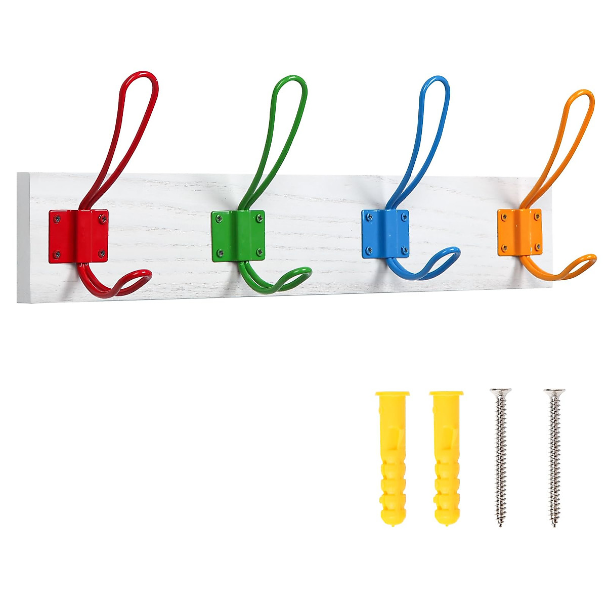 KYSMOTIC Kids Coat Hook Rack Wall Mounted for Boys and Girls for Hanging Coats, Scarves, Bags, Purses, Backpacks, Towels and More, Set of 4, Bright Multicolored (White, 17 inches)