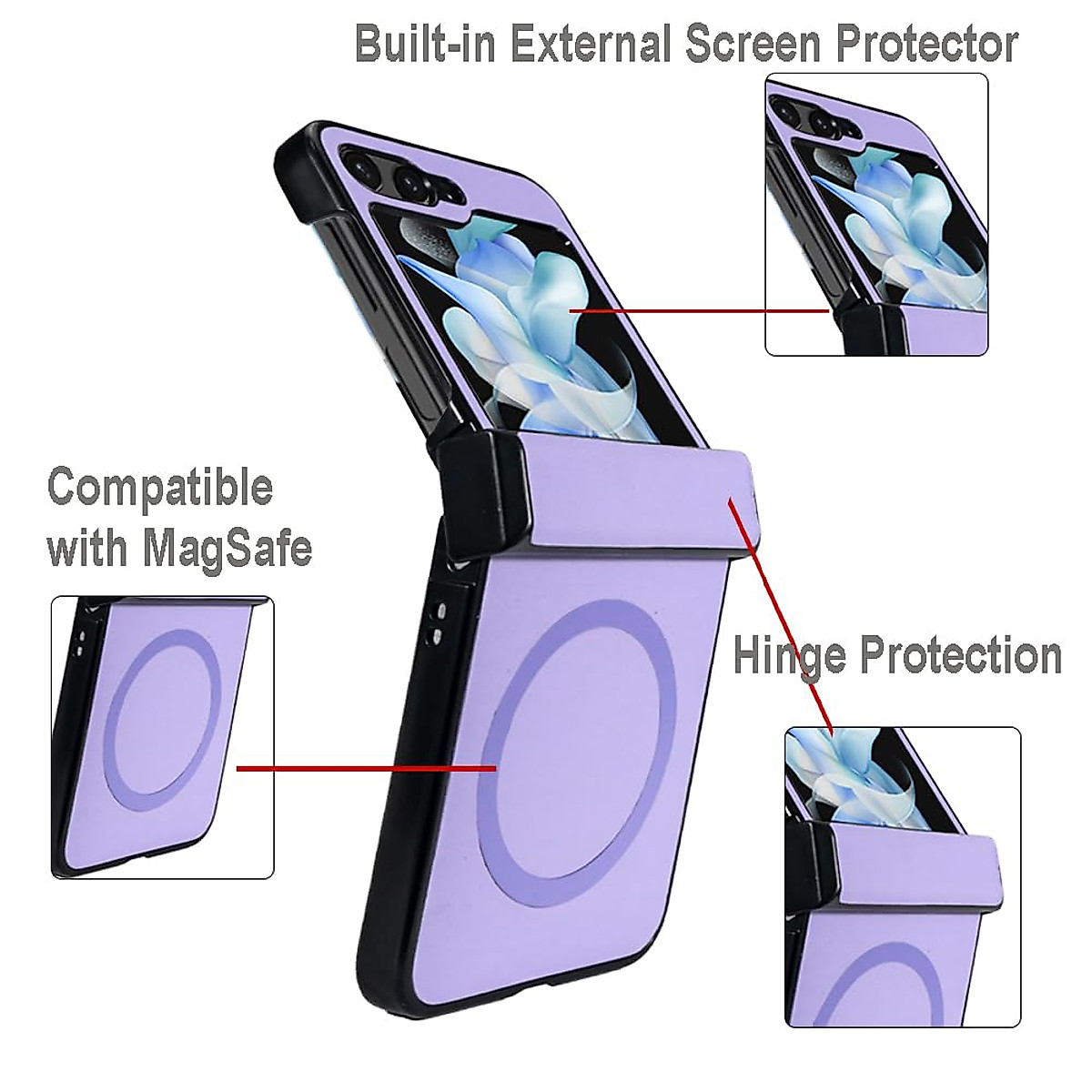 MSOTES for Galaxy Z Flip 5 Case with Hinge Protection, Built-in Screen Protector, Compatible with MagSafe, Luxury Leather Case Full Protection Slim Lightweight for Samsung Galaxy Z Flip5 5G (Purple)