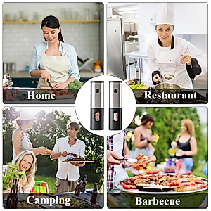 Electric Salt and Pepper Grinder Set, Automatic Pepper Mill with LED Light, Adjustable Coarseness, Battery Powered, One Hand Operated Refillable for Kitchen Resturant BBQ, Stainless Steel Black,2 Pack