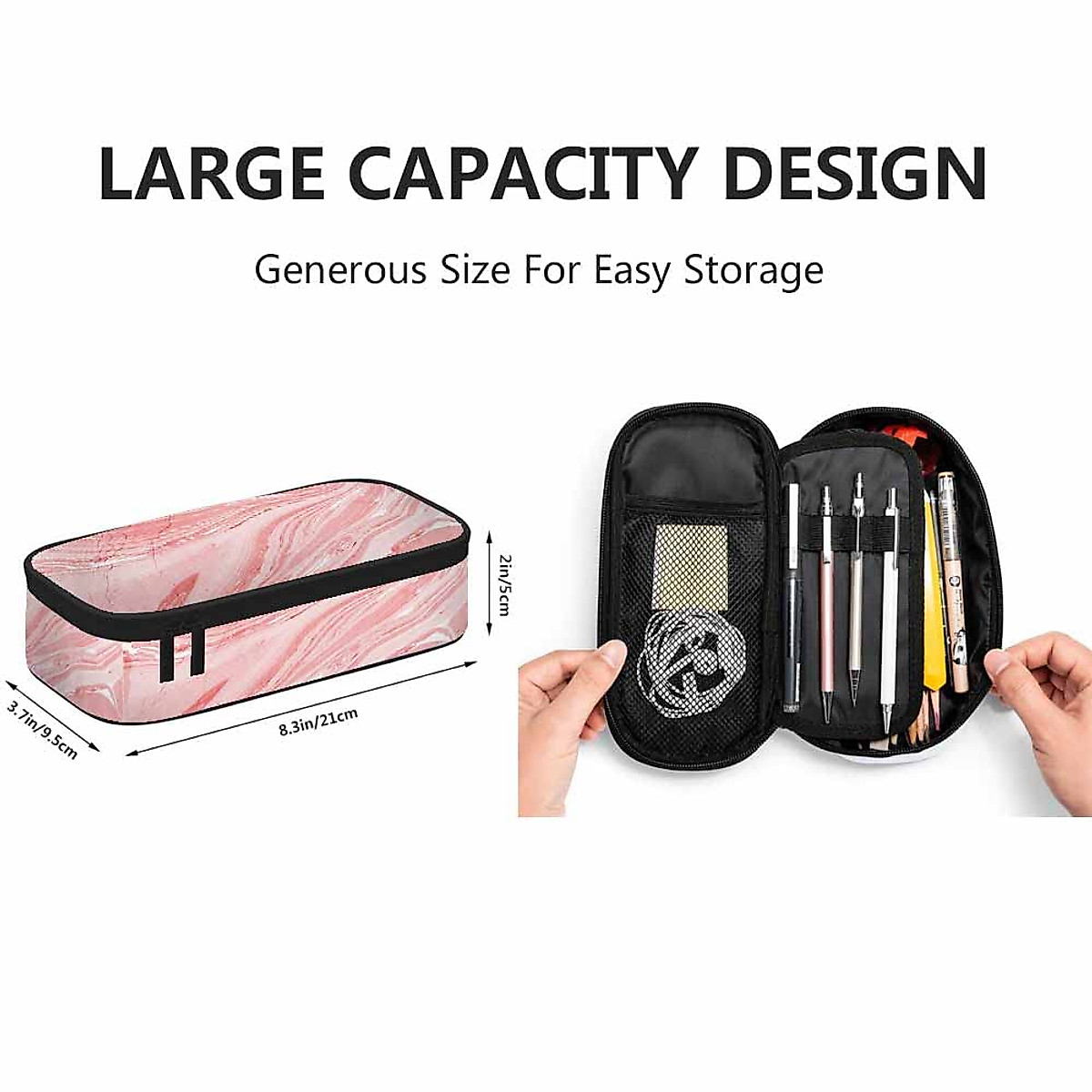 Yekiua Pink Marble Pencil Case Abstract Alcohol Liquid Ink Wave Big Capacity Pencil Pouch Office College Makeup Bag