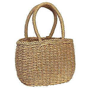 Straw Bags for Women, Hand-woven Straw Small Hobo Bag Round Handle Ring Tote Retro Summer Beach Rattan bag (Brown)