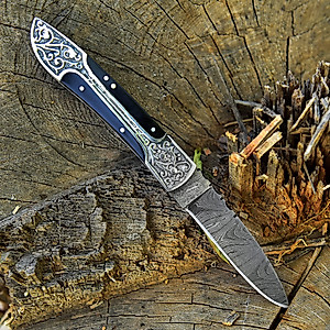 Tbp Forged Damascus Hunting Knife For Fishing Skinning Outdoor Edc Camp Handmade Damascus Steel Survival Bowie Knife With Vertical Belt Loop Sheath 10 Inch Fixed Blade Belt Knife For Camping, Bushcraft Ergonomic Walnut Wood Handle Cool Knives For Men (Fol