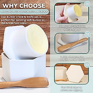 French Butter Crock w/Lid & Wood Spreading Knife - White Modern Butter Keeper for Counter - Modern Hexagon Shape Butter Dish - Stoneware Butter Crock - Dishwasher Safe Butter Storage