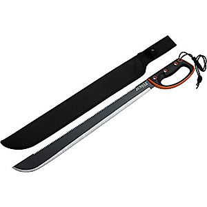 Jungle Master – Machete w/ Reverse Serrations – Black/Satin Blade, Full Tang, Black/Orange Rubberized Nylon Fiber Handle, Nylon Sheath, Outdoor, Hunt, Camp, Hike, Survival, JM-024L