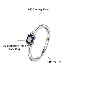 Natural Blue Sapphire Three Stone Ring in 925 Sterling Silver for Her- Cute Alexandrite Moissanite September Birthstone Rings For Women