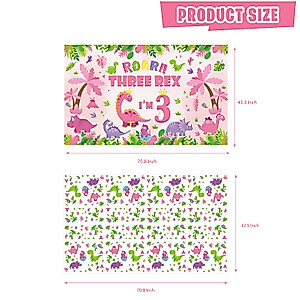 KOTLMIGHT Dinosaur Birthday Party Supplies for 3 Year Old Girl, Three Rex Pink Dinosaur Dino Party Decorations for Girls Baby - Backdrop, Banner, Toppers, Cupcakes Wrappers, Balloons and Tablecloth