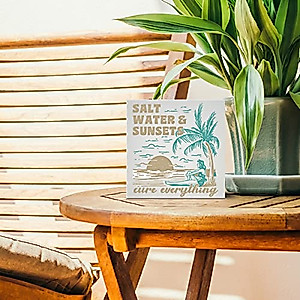Farmhouse Beach Wooden Box Sign, Salt Water and Sunsets, Summer Beach Decor for Home Bedroom Bathroom, Inspirational Beach House Ocean Nautical Decoration, Beach House Gifts for Women Men New House