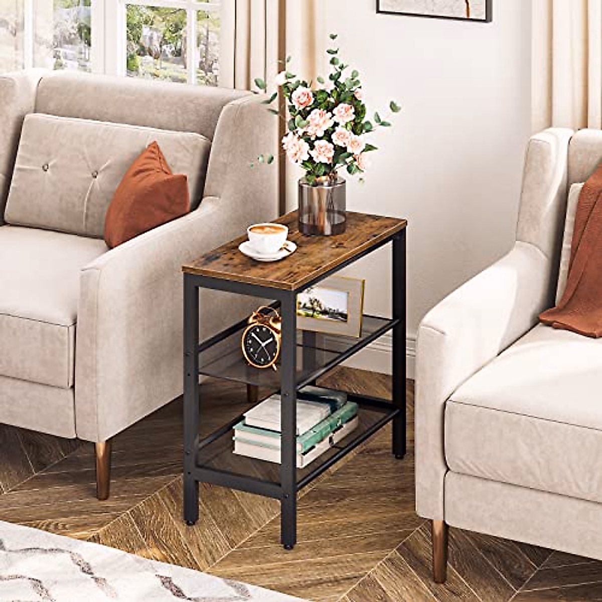 HOOBRO Side Table, 3-Tier Narrow End Table, Nightstand with 2 Flat or Slant Adjustable Shelves for Small Spaces, Hallway, Living Room, Bedroom, Sturdy, Easy Assembly, Rustic Brown and Black BF23BZ01
