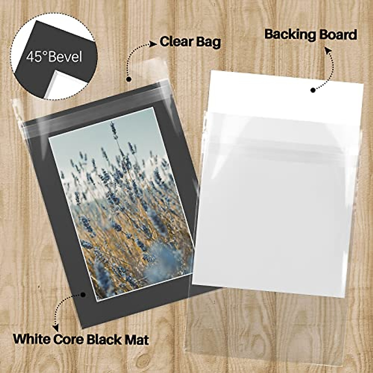 AUEAR, 5 Pack Black 5X7 Bevel Cut White Core Picture Mat for 4X6 Photo/Print/Artworks - 5 Pre-Cut Acid Free Picture Frame Mat + 5 Backing Board + 5 Clear Bag