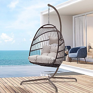 Bulexyard Swing Egg Chair with Stand Indoor Outdoor Wicker Rattan Patio Basket Hanging Chair with UV Resistant Cushions 350lbs Capacity for Bedroom Balcony Patio (Brown)