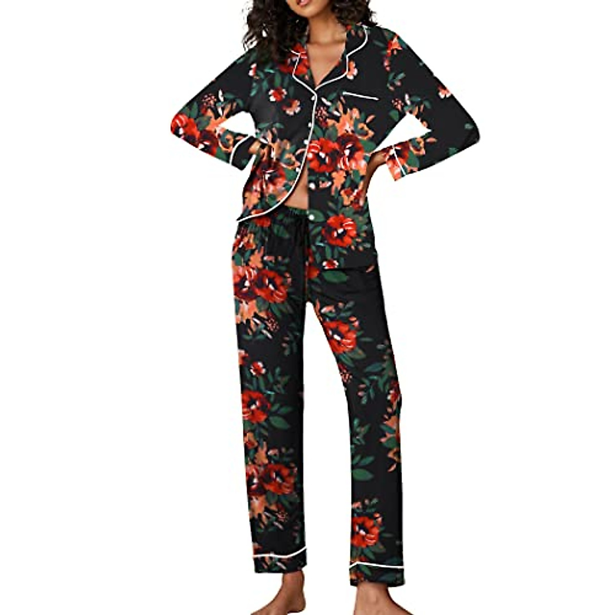 Ekouaer Long Sleeve Silk Pajama Set for Women Longs Comfy Sleepwear Button Down Pjs Winter,Floral Brown Black,Medium