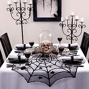 OurWarm 40-Inch Black Spider Lace Table Topper Cloth, Round Polyester Halloween Tablecloth for Halloween Table Decorations