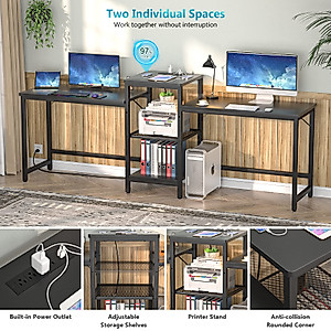 Unikito 2 Person Home Office Desk with USB Charging Port and Power Outlet, Modern Double Desk, Large Computer Desk Workstation with Storage Shelves, Long Desk, Gaming Desk, Writing Study Desk, Black