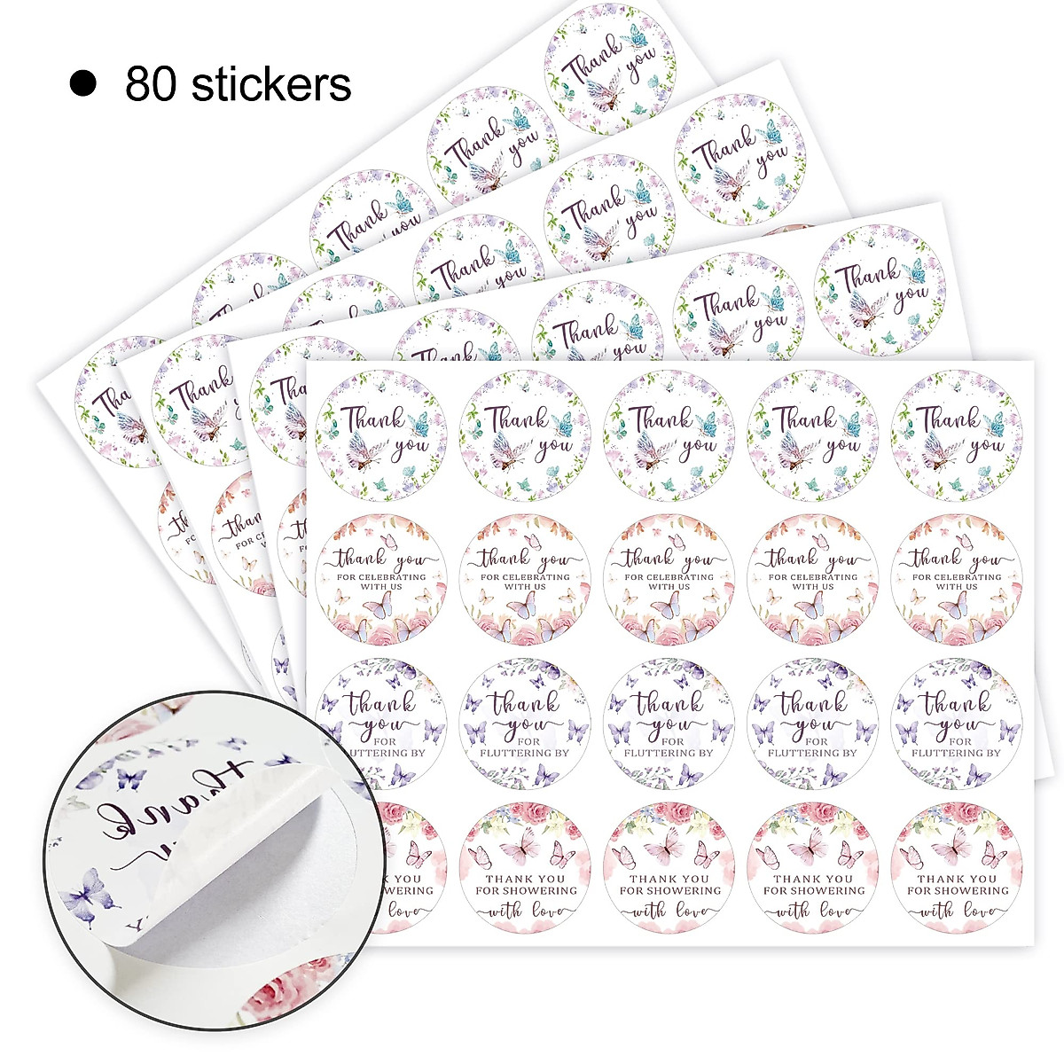 80 Butterfly Thank You Stickers, Thank You for Fluttering by Stickers, Perfect for Girls Baby Shower, Wedding, Bridal Shower, Birthday Party Favors (2 Inch)