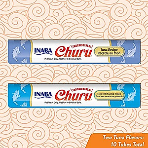 INABA Churu Cat Treats, Grain-Free, Lickable, Squeezable Creamy Purée Cat Treat/Topper with Vitamin E & Taurine, 0.5 Ounces Each Tube, 10 Tubes Total/Two Flavors, Tuna Variety