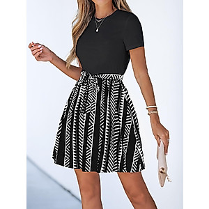 CUPSHE Women‘s Short Sleeve Dress Crew Neck Belted Stripe A Line Mini Summer Dresses, Black L