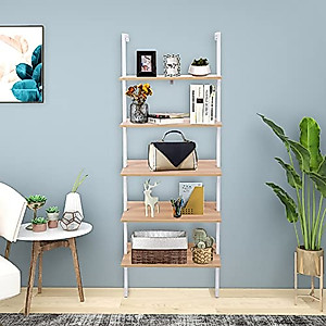 5-Tier Open Wall-Mounted Bookshelf with Metal Frame - Industrial Modern Ladder Shelf - Floating Bookcase Organizer - Hanging Storage Rack Shelves for Home and Office - Walnut and White Frame