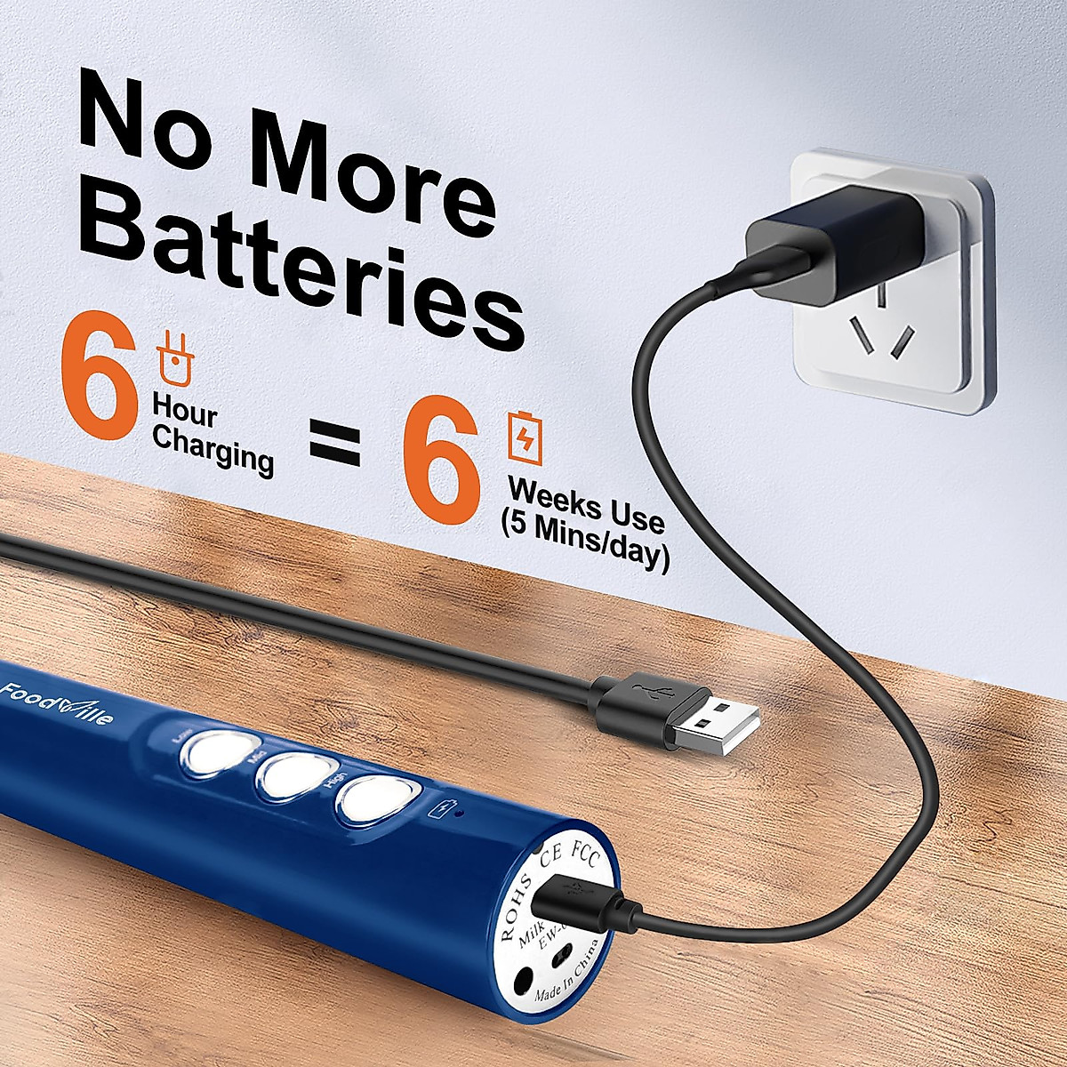 FoodVille MF02 Rechargeable Milk Frother Handheld Foam Maker with Stainless Whisk for Cappuccino, Latte, Bulletproof Coffee, Keto Diet, Protein Powder, Matcha (Classic Blue)