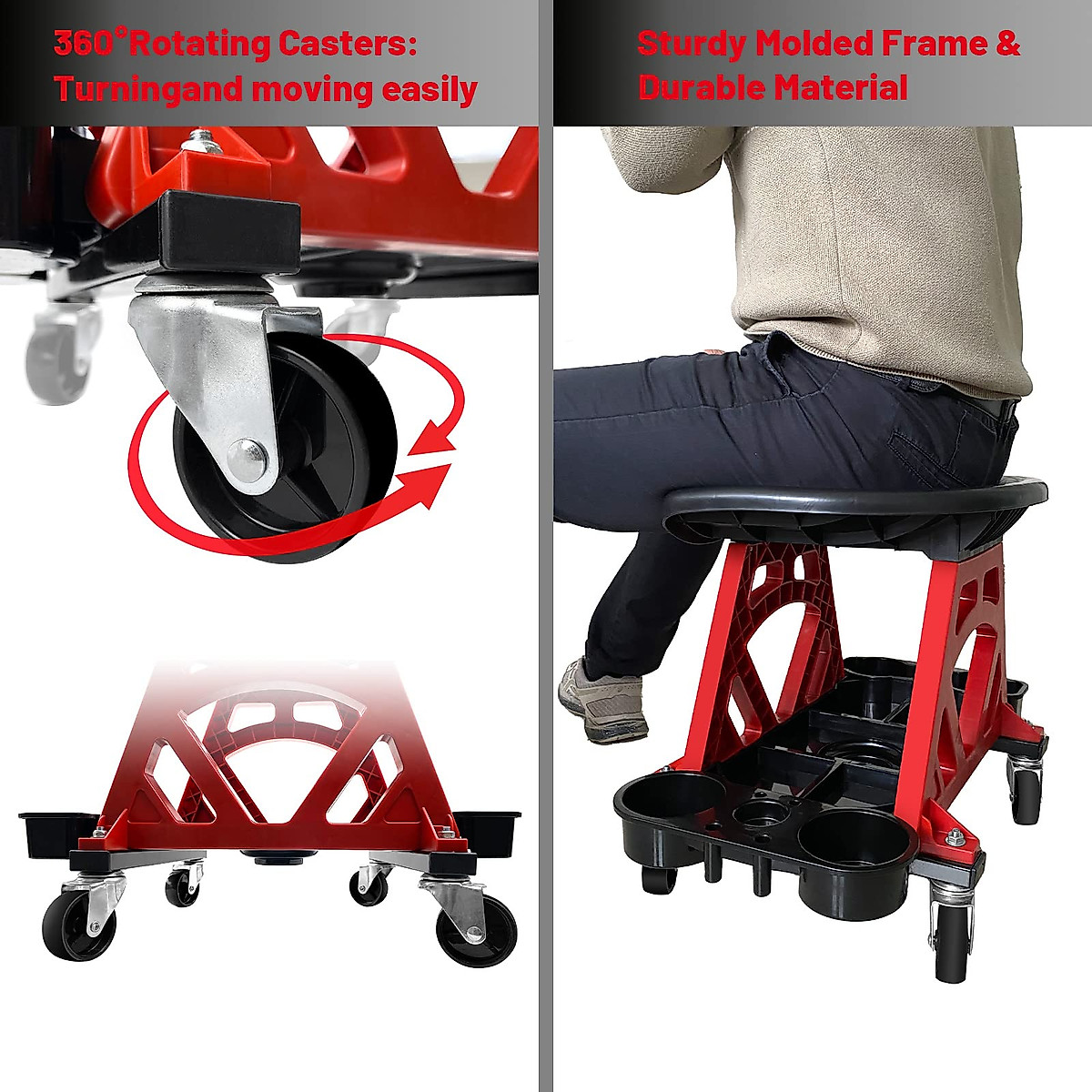 ROBLOCK Durable Mechanic Stool Chair with Wheels, Heavy Duty Garage Shop Stool On Wheels, Rolling Stool Car Detailing Creeper Seat with Tool Tray for Workshop, Auto Repair Shop and Home