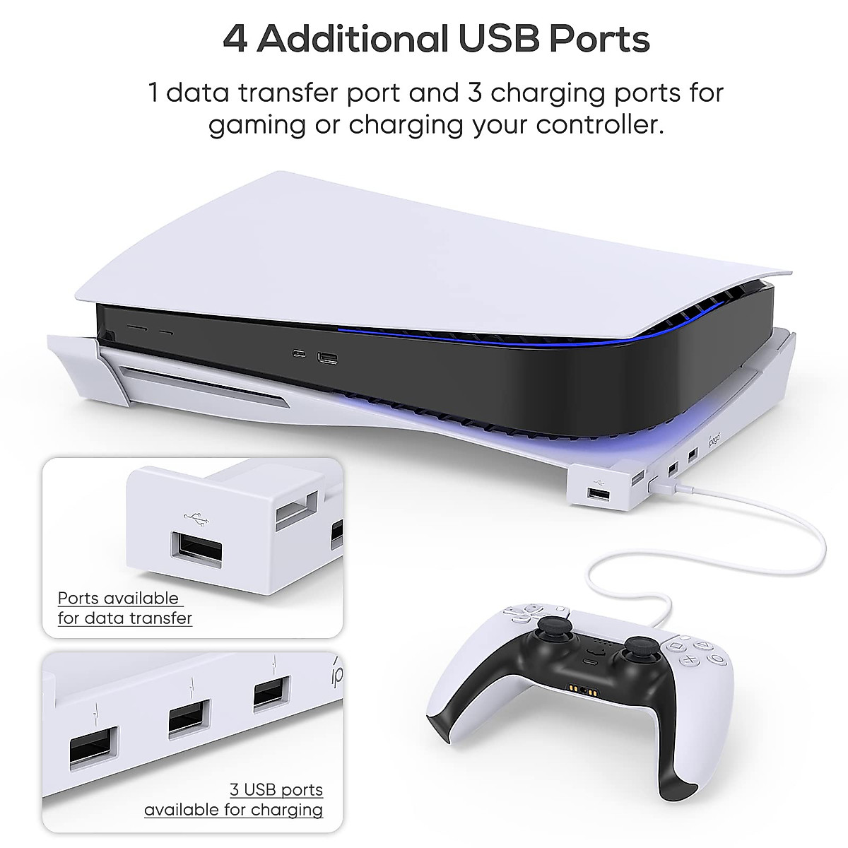 MENEEA 16.4FT Charger Charging Cable & Horizontal Stand with 4-Port USB Hub for PS5 Console