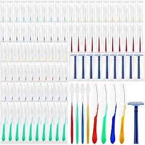 Tessco 300 Pcs Toothbrushes Comb Razors Individually Wrapped Bulk for Homeless 100 Pcs Soft Toothbrush 100 Pcs Travel Hair Comb 100 Pcs Twin Blade Razor for Men Adult Nursing Home Charity Travel Hotel