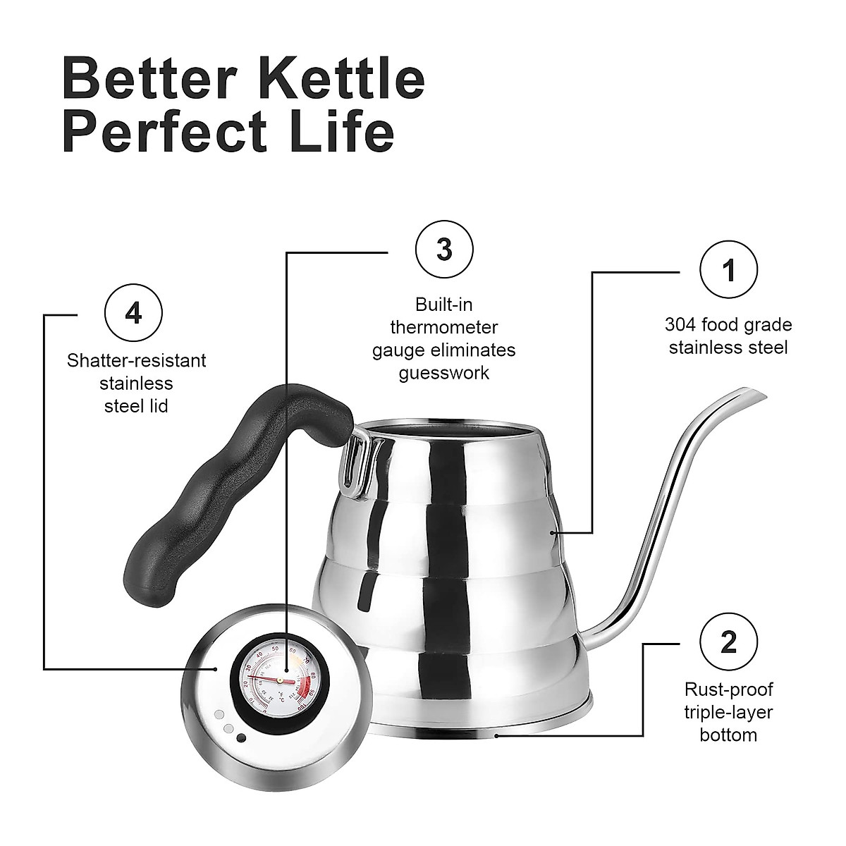 MAXCOOK Tea Kettle Gooseneck Pour Over Coffee Kettle, 304 Stainless Steel Kettle with Thermometer for Exact Temperature, Precision Pour Drip Spout, Compatible with all Stovetops 1L/34oz