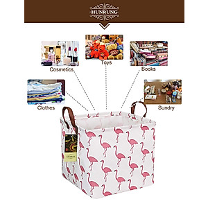 HUNRUNG Square Storage Bins Nursery Hamper Canvas Laundry Basket Foldable with Waterproof Nursery Boxes for Shelves/Gift Baskets/Toy Organizer/Office, Bedroom (Square-Pink Flamingos)