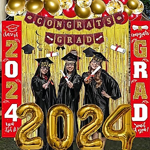 Graduation Party Decoration 2023 73PCS 32" Red Gold Graduation Party Supplies Congrats Grad Banner Porch Sign Swirls Confetti Balloon Foil Fringe Curtains Backdrop Photo Booth Props Class of 2023