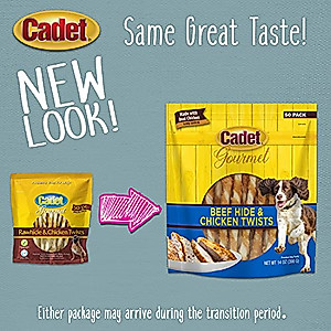 Cadet Gourmet Beef Hide & Chicken Twists Dog Treats - Healthy & Natural Rawhide & Chicken Dog Treats for Small & Large Dogs - Inspected & Tested in USA, 5 In. (50 Count)