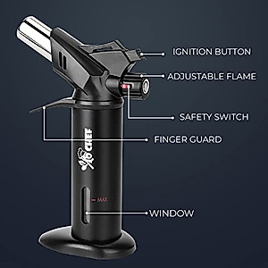 Eagle RX Crème Brûlée Torch – Safest Kitchen Food Torch – Safety Switch, Hand Shield, Fuel Gauge, Ergonomic Matte Black Grip – Culinary Butane Blow Torch 2,370°F – 2 Cans Included by Jo Chef
