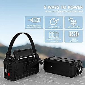 Emergency Radio, 5000mAh Solar Hand Crank Portable AM/FM/NOAA Radio with Solar Charging & Battery Operated, USB Charger, Emergency Supplies Survival Gear with LED Flashlight for Outdoor Camping Black