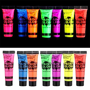 COKOHAPPY UV & Black Light Face & Body Neon Fluorescent Paint Kit (7/0.34oz), 12 Colors Glow In The Dark Pigment Powder with All Accessories Included