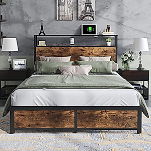 Catrimown Queen Bed Frame with Storage Headboard Platform Bed Frame Queen Size with 2 Tier Headboard Industrial Wood Queen Bed Frames No Box Spring Needed Noise Free, Rustic Brown (Queen)