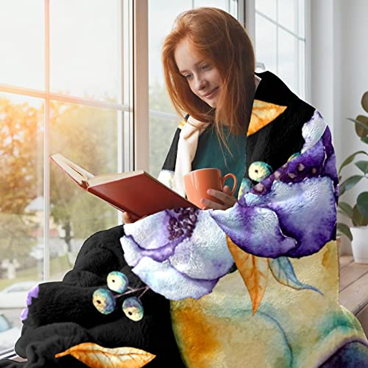 VBFOFBV Bedding Fleece Blanket Comfort Fluffy for Boys Girls, Skull Purple Flower Retro