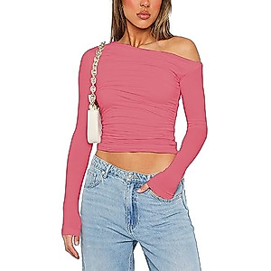 Off Shoulder Tops for Women Sexy Long Sleeve Solid Color Slim Fitted Basic T Shirt Y2K Going Out Crop Top (17-Barbie Pink, M)