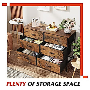 WLIVE Wide Dresser with 6 Drawers, TV Stand for 50" TV, Entertainment Center with Metal Frame, Wooden Top, Fabric Storage Dresser for Bedroom, Hallway, Entryway, Rustic Brown Wood Grain Print