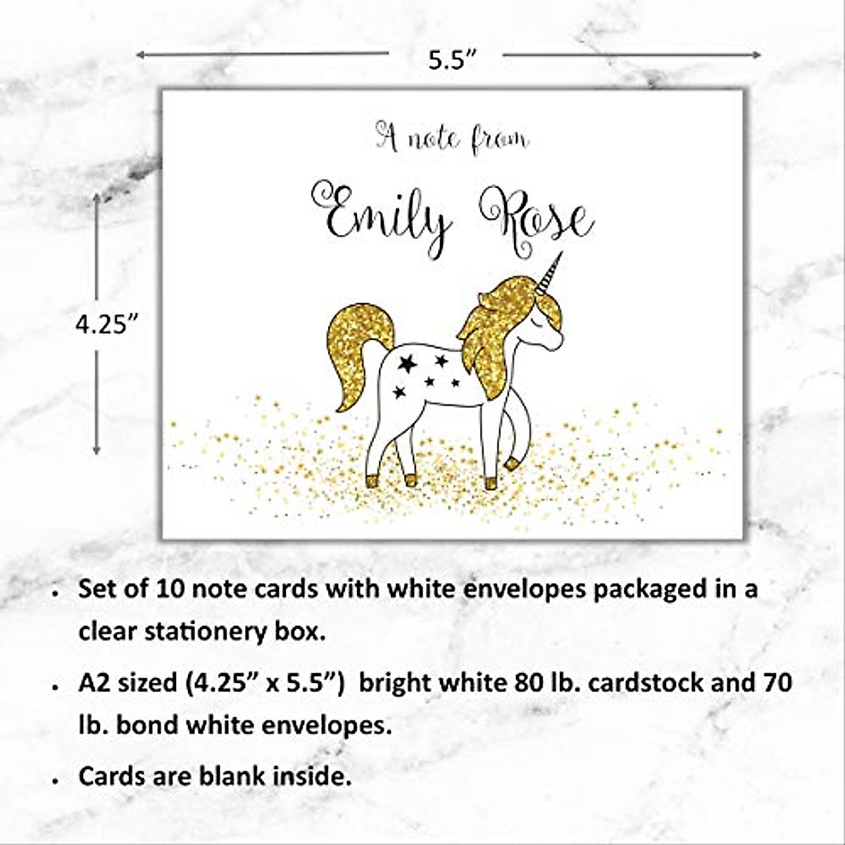 Gold Unicorn Note Cards with Envelopes, Personalized Stationery Set for Girls, Pack of 10 Folded Notecards