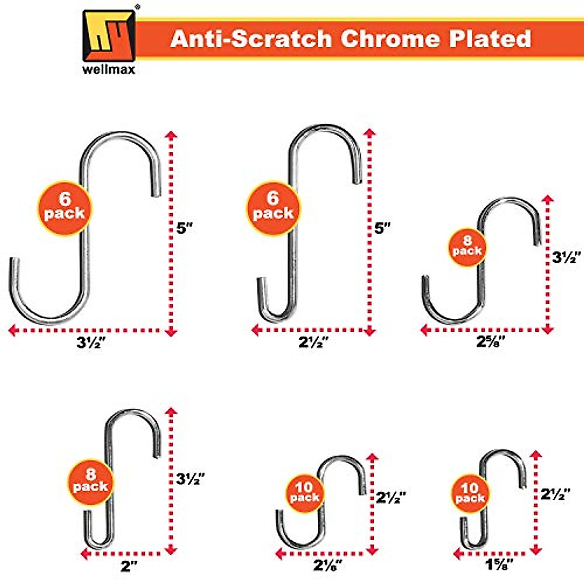 Wellmax 101pc S Hooks for Hanging, Heavy Duty S Shaped Hooks, Combination Assortment Metal S Hook Set for Hanging Plants, Closet, Kitchen, Pot Rack, and pots and Pans