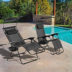 Zero Gravity Chair, 2 Pack Patio Lounge Chair Folding Outdoor Indoor Adjustable Backyard Recliner Chair Chaise with Cup Holder Tray and Canopy Shade for Pool, Beach, Lawn, Deck, Camping - Black