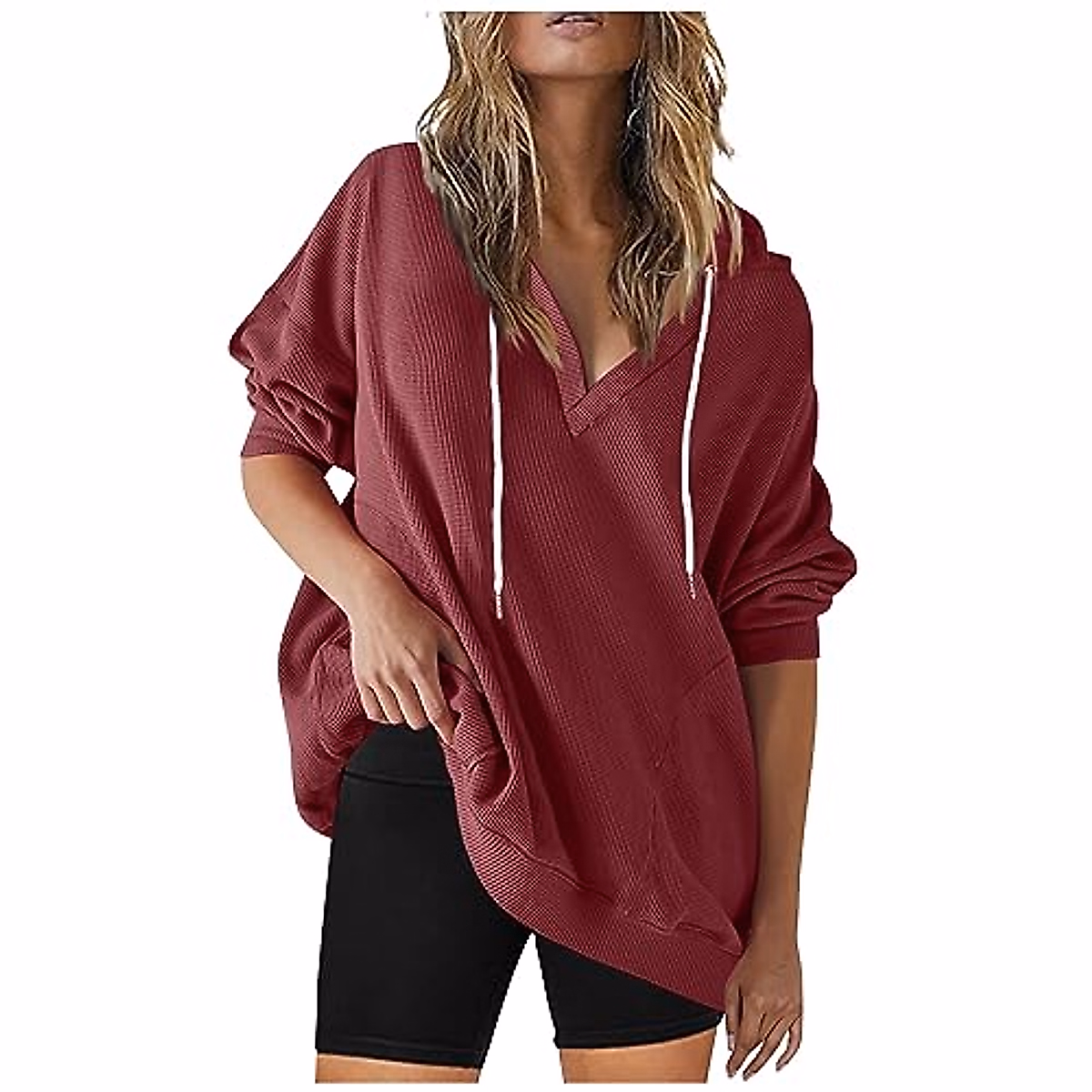Womens Oversized Waffle Knit Hoodies V Neck Drawstring Long Sleeve Tops Lightweight Thermal with Pockets Wine