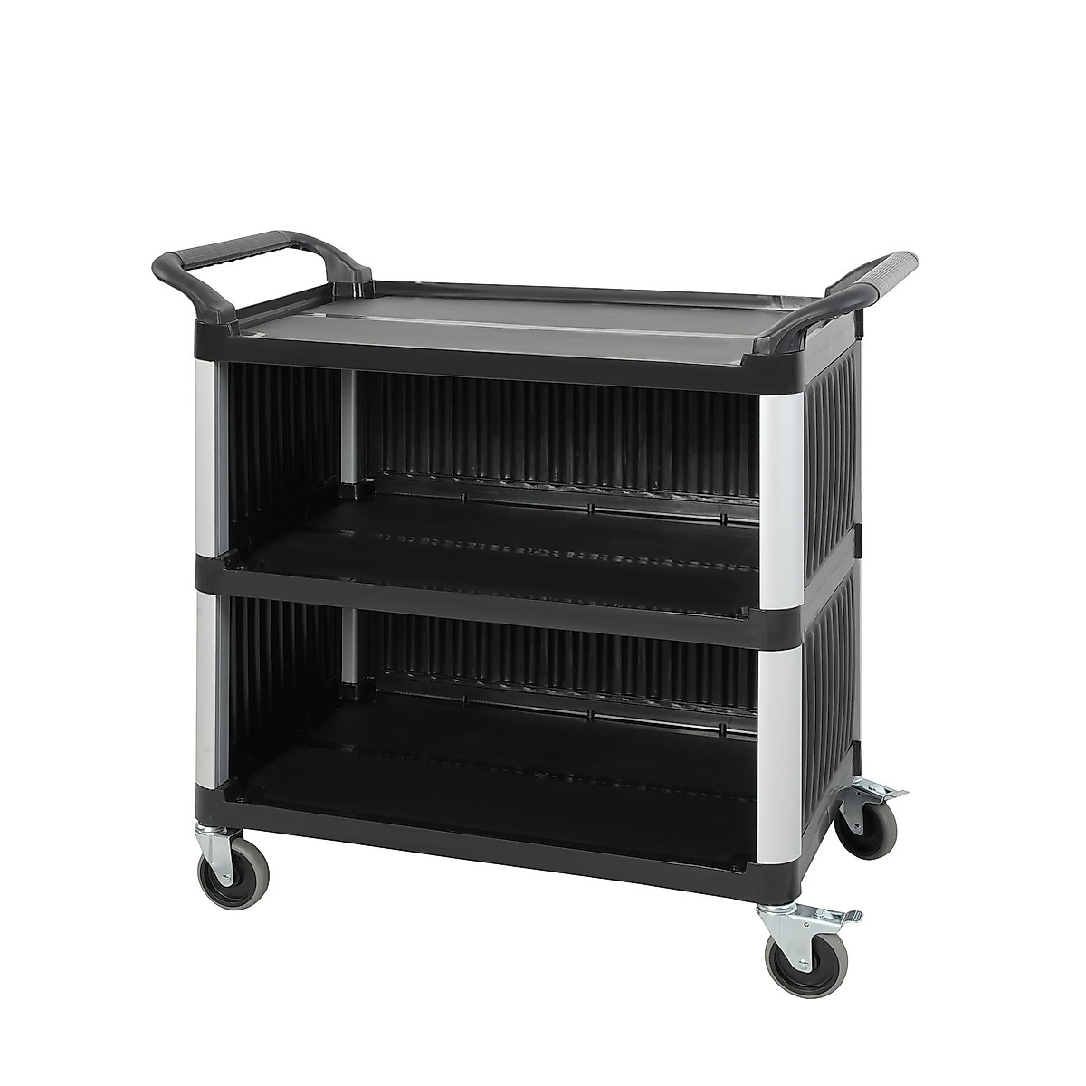 Rolling Utility Cart with Storage Cabinet and Lockable Wheels - Heavy Duty 3-Tier Service Carts for Kitchen, Office, Garage, and Restaurant – Black