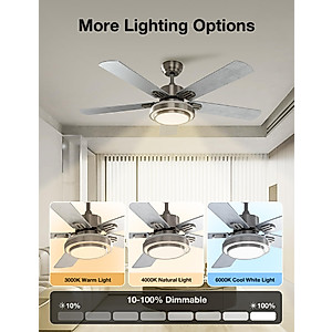 warmiplanet Ceiling Fans with Lights and Remote Control, 52 Inch, 6 Speeds Reversible DC Motor, 3 Color Dimmable Light, Timer, Noiseless, Brushed Nickel, 5 Blades, 2 Pack