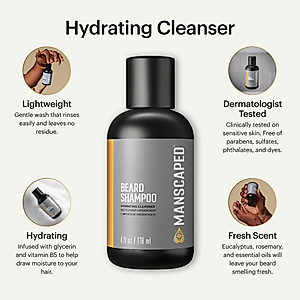 MANSCAPED® UltraPremium Beard Shampoo, Hydrating Cleanser with Eucalyptus, Rosemary, Lavender Essential Oils, Moisturizing Beard Wash for Hair and Skin (4 oz)