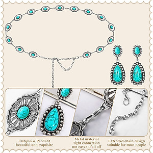 2 Pcs Concho Chain Belt Silver Women Turquoise Belts Flower Concho Chain Belt Handmade Dangle Earrings Western Style Jewelry Metal Belt for Women
