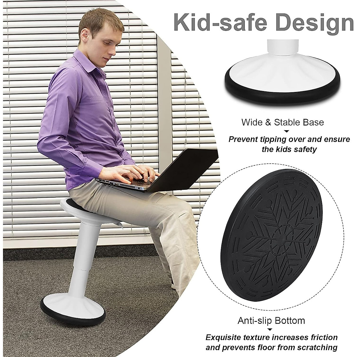 GLACER Wobble Stool, Wiggle Stool for Classroom Seating, 24" Active Learning Stool w/Adjustable Height, Sitting Balance Chair for School, Office Stand Up, Flexible Seating Wobble Chair (White)