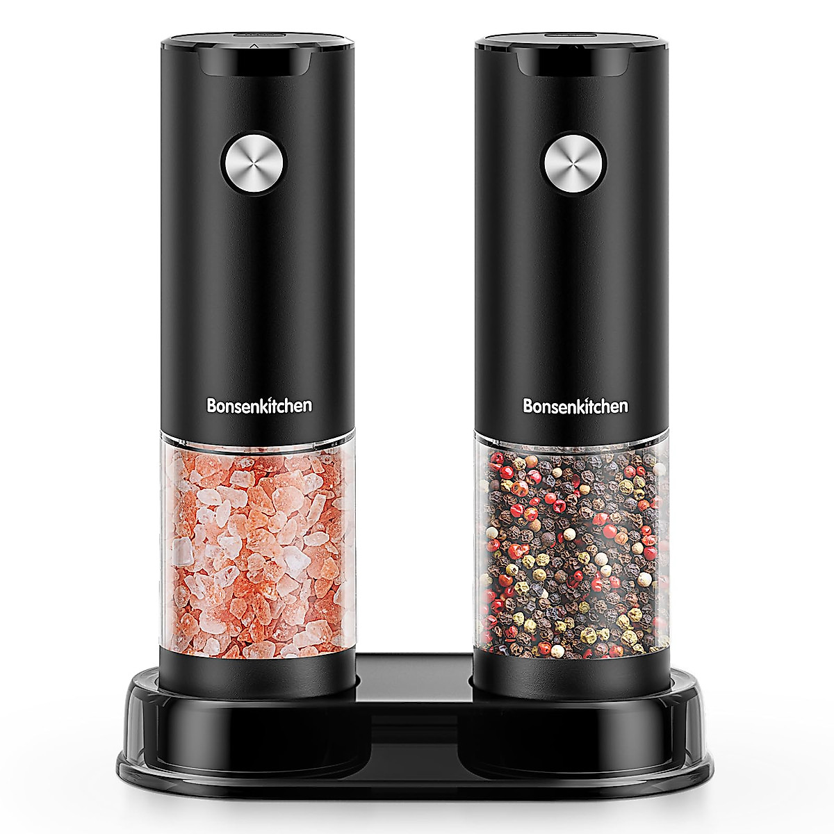 Bonsenkitchen Electric Salt and Pepper Grinder Set, Battery Operated(Not Included),2 Pack Automatic Salt & Pepper Mill Shakers with LED Light, Adjustable Coarseness, Storage Base, 95ml Large Capacity