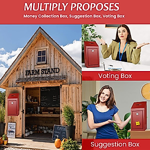 Secure Steel Collection Box with Top Slot and Lock with Keys - Wall Mountable with Pre-Drilled Holes, 10x6x2.5" Key Drop Box for Home Office (Red)