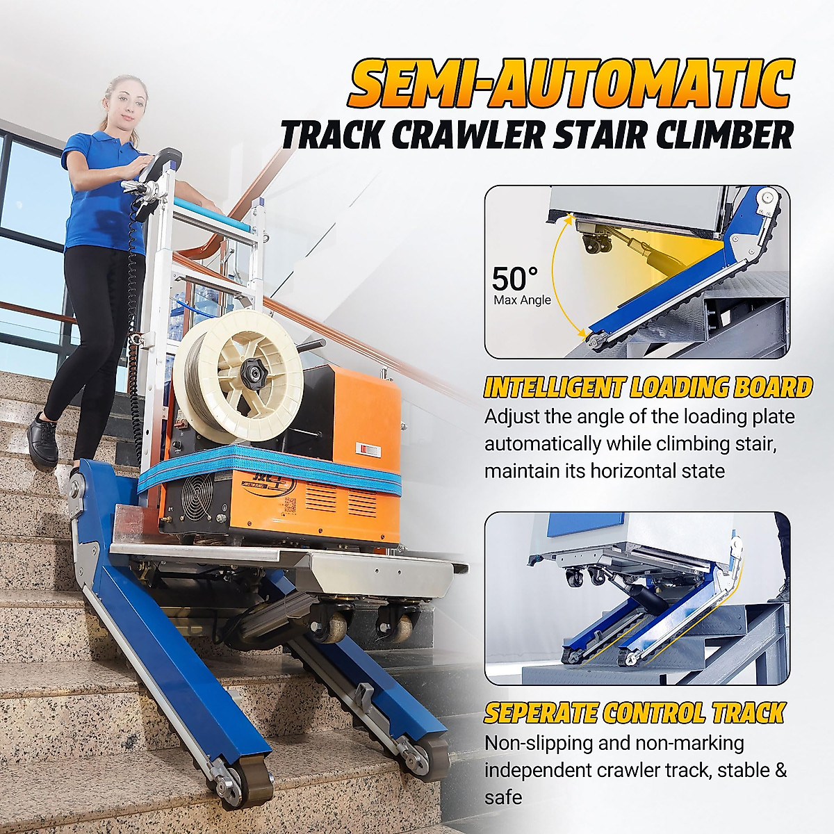 XSTO CT420C Powered Heavy Duty Track Stair Climbing Hand Truck, 926 lbs Load Capacity, Electric Semi-Automatic Stair Climber Cart for Material Handling